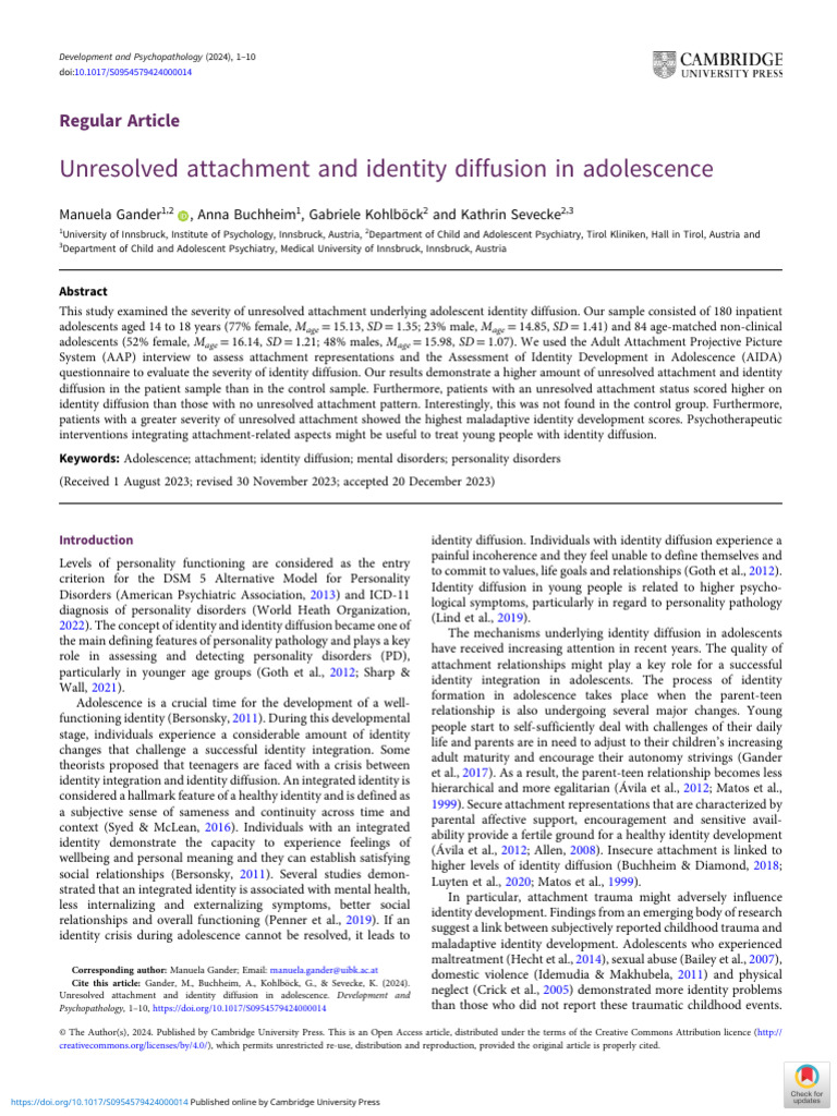 Unresolved Attachment and Identity Diffusion in Ad | PDF | Attachment ...