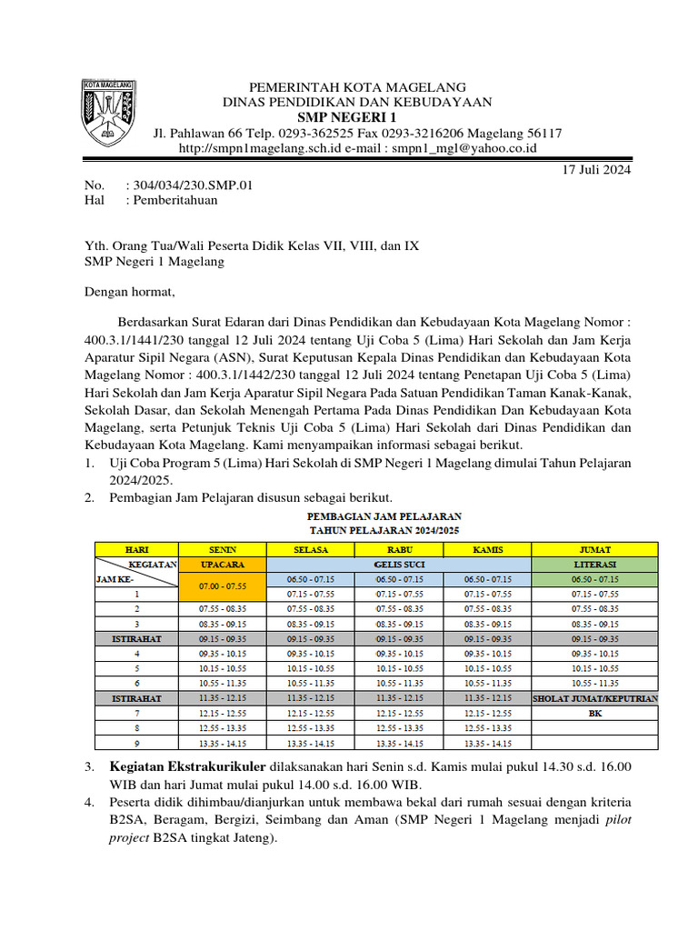 SE 5 Hari Sekolah TP 2024-2025 Orang Tua | PDF