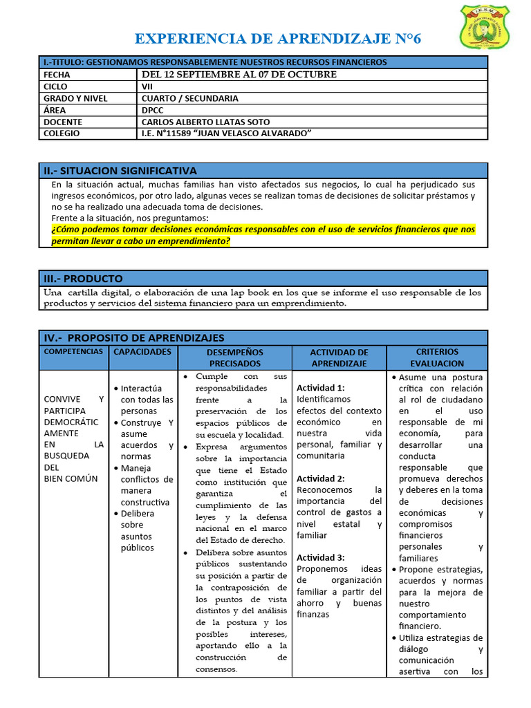 Eda #6 DPCC 4ºgrado | PDF | Aprendizaje | Evaluación