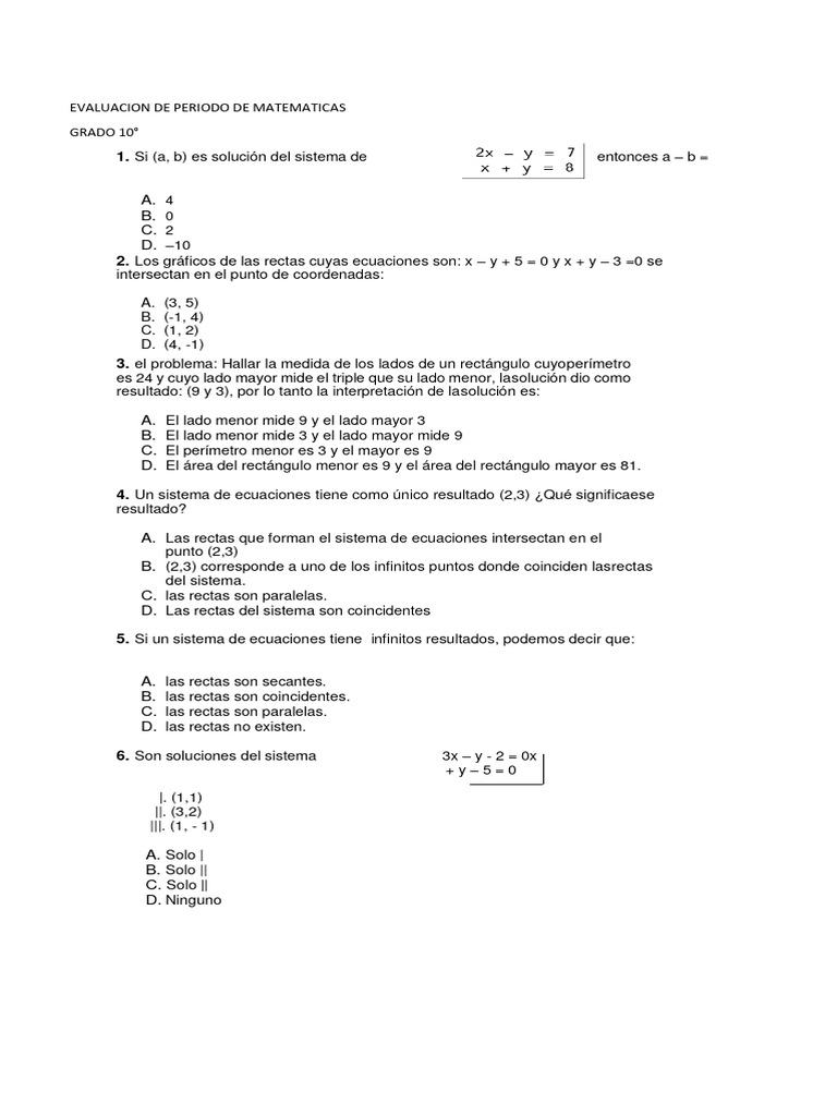 Evaluacion de Periodo de Matematicas 2024 10° | PDF | Ecuaciones ...