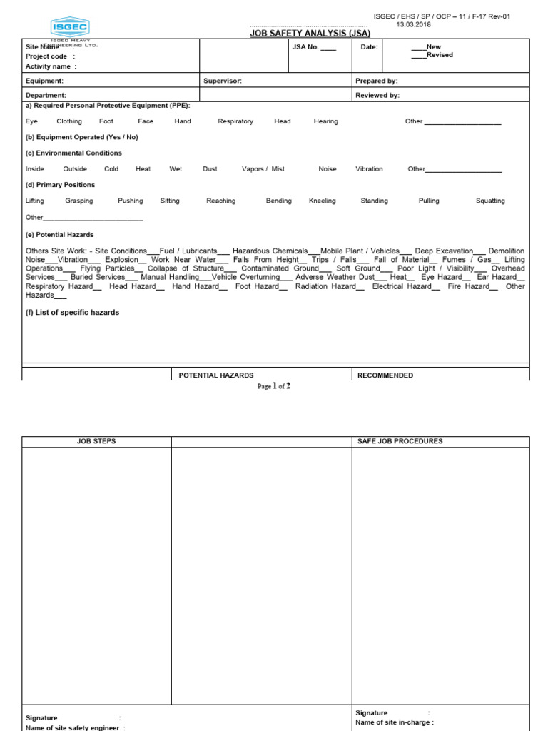 17.JOB SAFETY ANALYSIS - ISGEC IMS SP OCP - 11 F-17 Rev-00 | PDF | Occupational Safety And ...