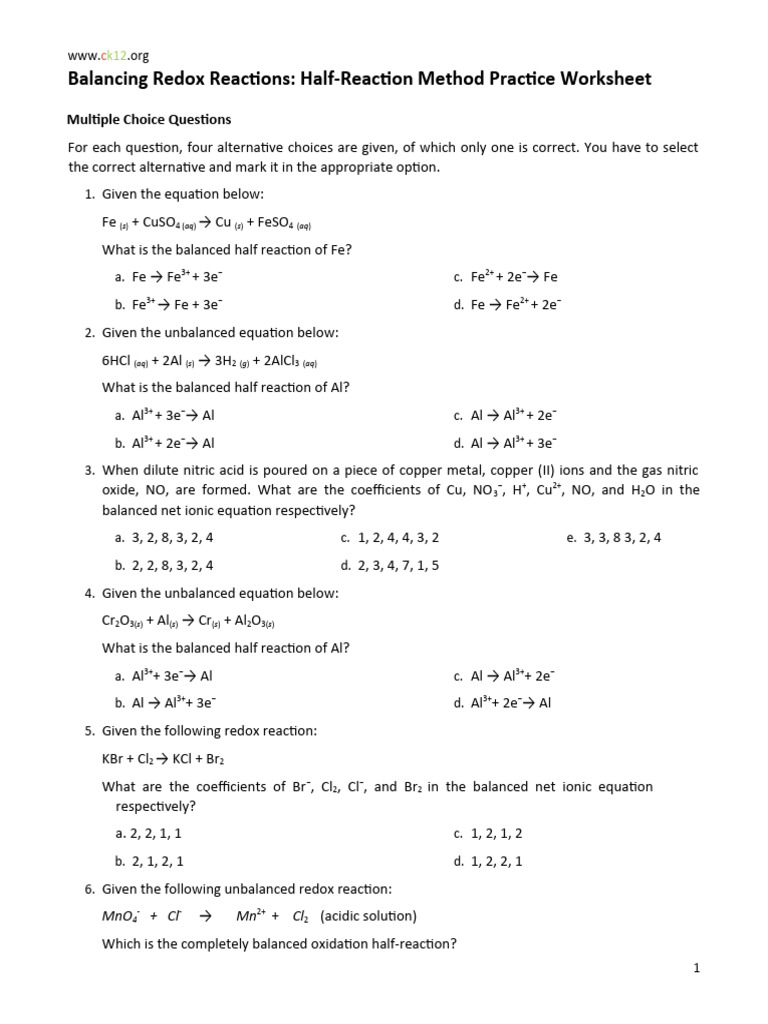 Balancing Redox Rns - Half-Reaction Method Practice | PDF | Chemical ...