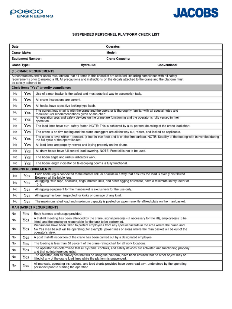 Suspended Personnel Platform Check List | PDF | Crane (Machine ...