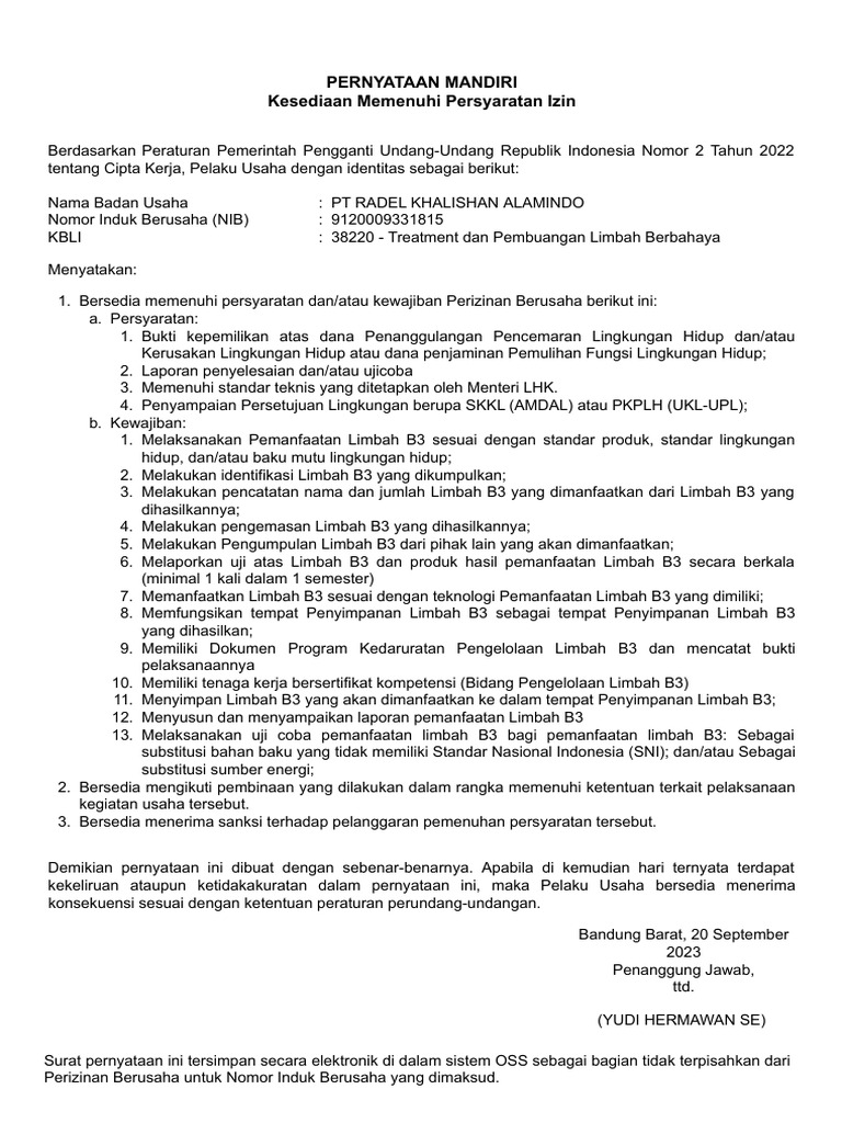 8.pernyataan Mandiri (k3l) Dan Persyaratan Izin-Oss | PDF | Teknologi & Rekayasa