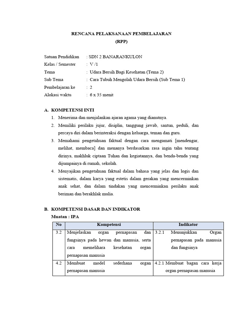 4. RPP KELAS 5 TEMA 2 SUBTEMA 1 PEMBELAJARAN 2 | PDF