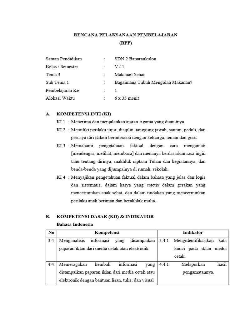 RPP Kelas 5 Tema 3 Subtema 1 Pembelajaran 1 | PDF