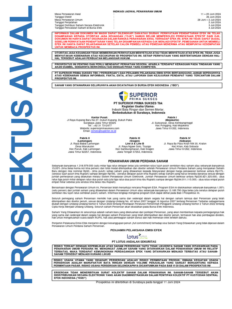 I Prospektus Awal PT Superior Prima Sukses TBK 110724 | PDF