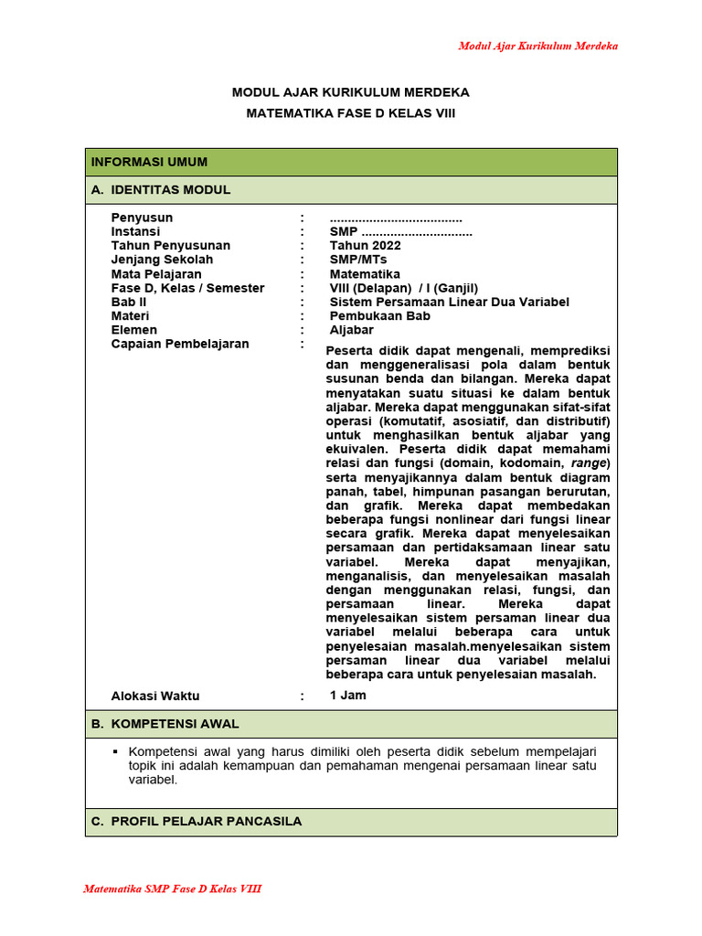 Modul Ajar Bab 2 Sistem Persamaan Linear Dua Variabel Pdf 4505