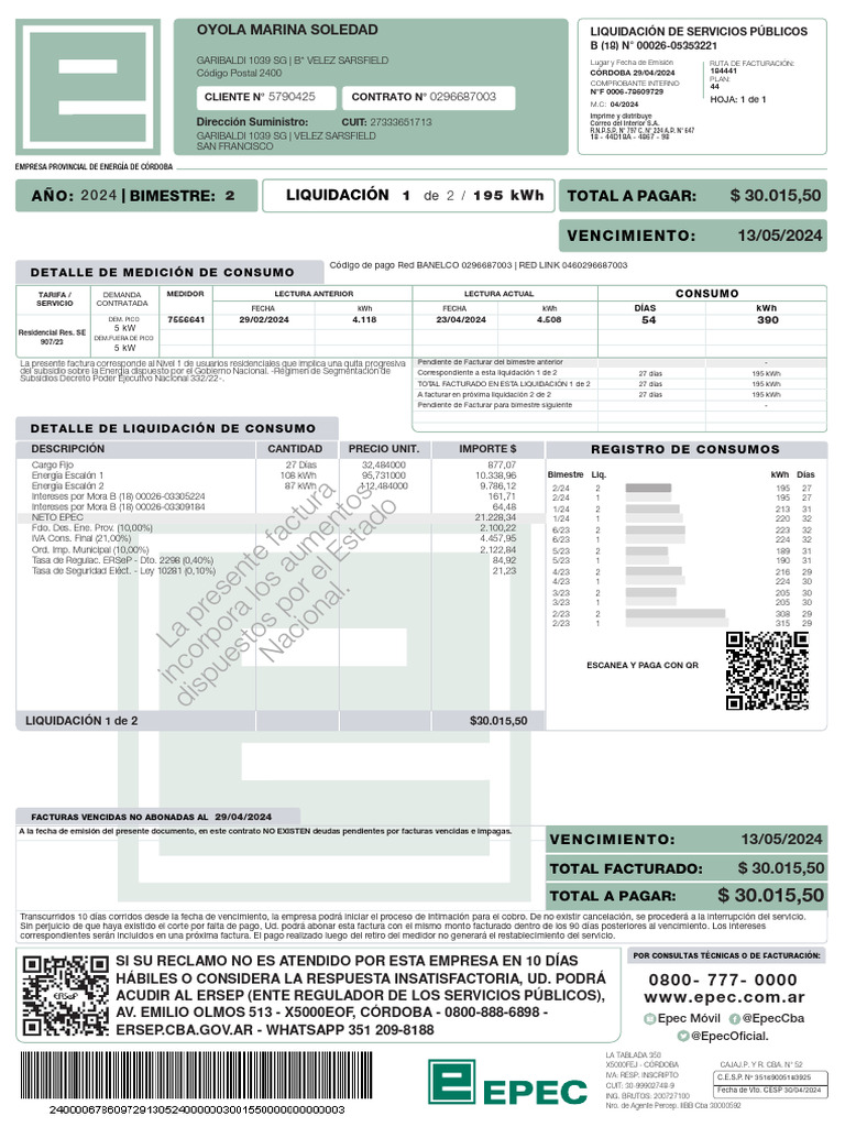 Factura de Energía Eléctrica EPEC | PDF