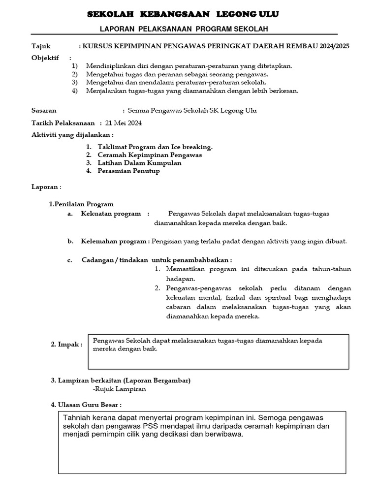Laporan Kursus Kepimpinan Pengawas Peringkat Daerah Rembau 2024 | PDF | Karier & Perkembangan ...