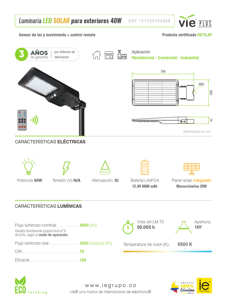 Luminaria SOLAR para Exteriores Vie® 40W FICHA TÉCNICA | PDF | Diodo ...