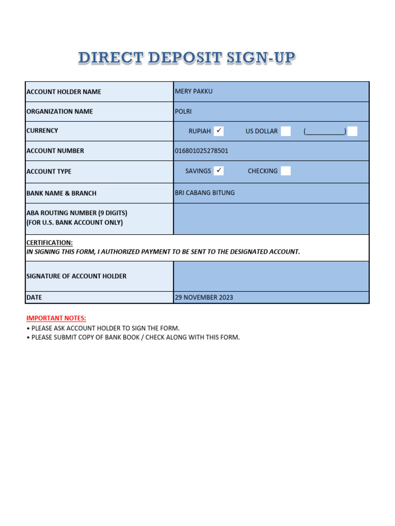 Direct Deposit Sign Up - Form | PDF