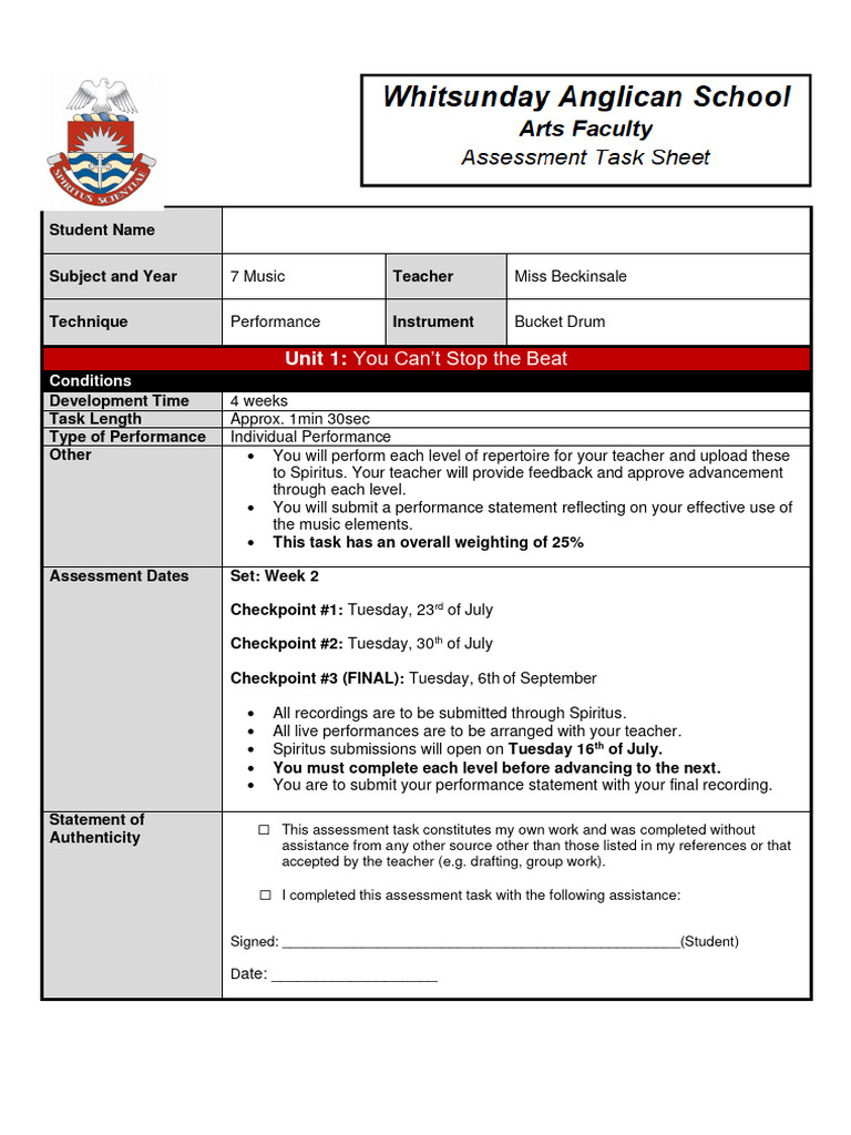 Year 7 Bucket Drum Performance Task | PDF | Tempo | Rhythm