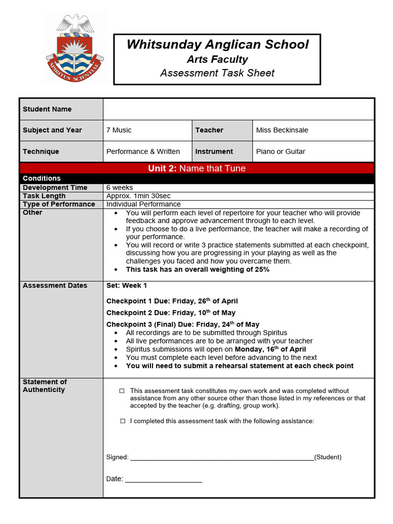Music YR7 Task #3 (Performance + Written) 2024 With Repertoire | PDF | Piano | Music Theory