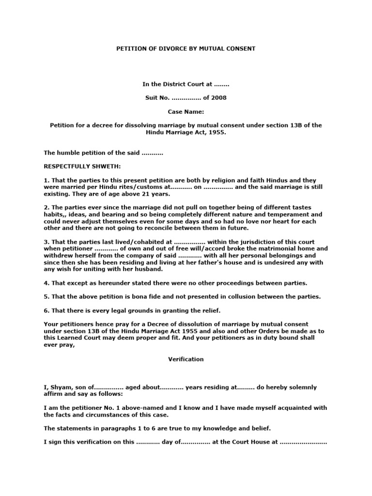 PETITION OF DIVORCE BY MUTUAL CONSENT | PDF | Marriage | Divorce