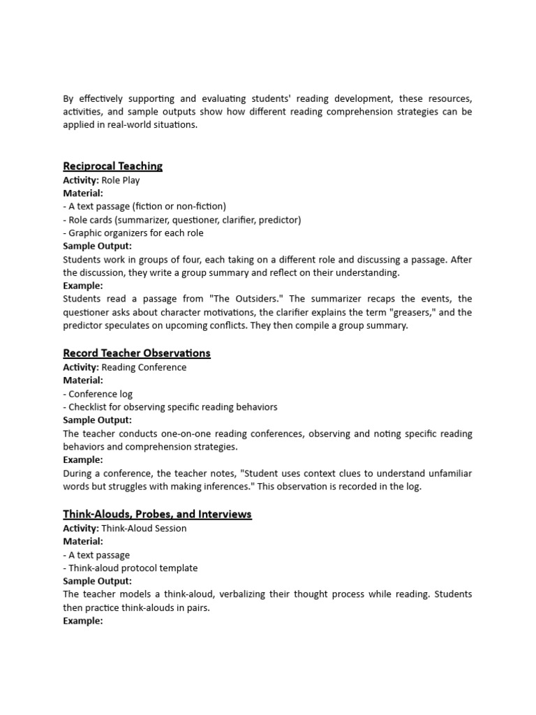 Reciprocal Teaching: Activity: Role Play Material | PDF | Reading ...