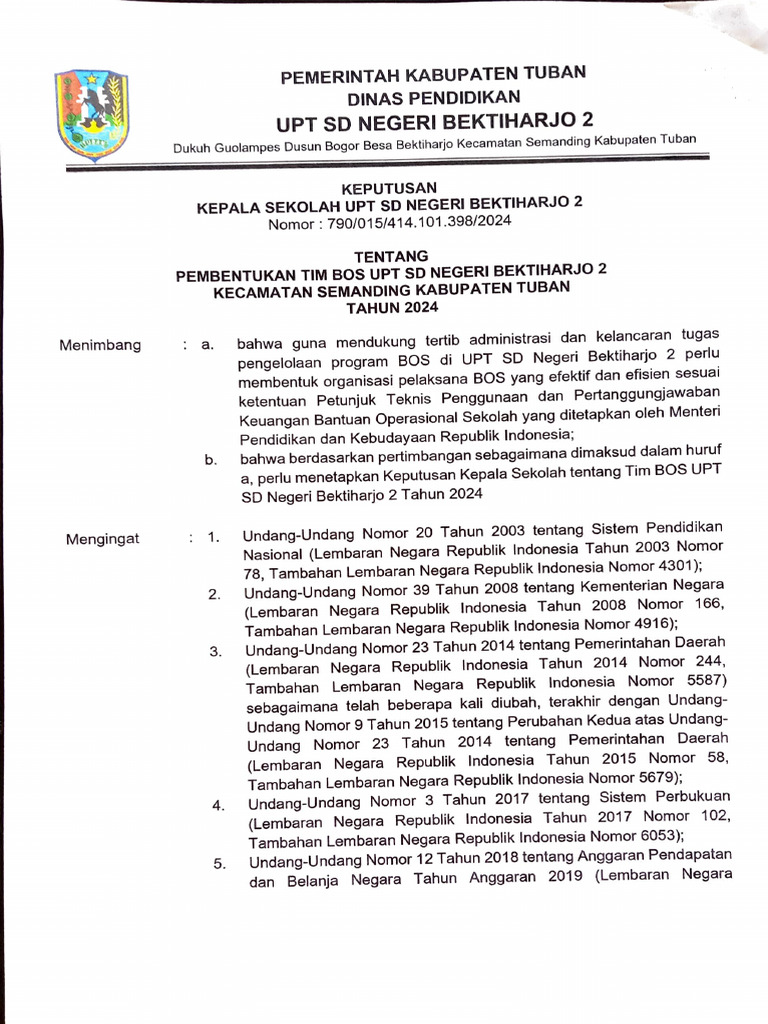 Pembentukan Tim BOS UPT SD Bektiharjo 2 | PDF | Pengelolaan Keuangan & Uang