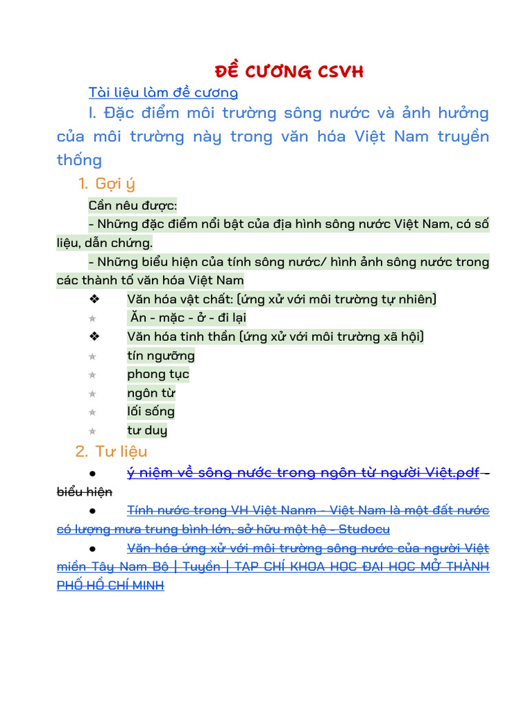 ĐỀ CƯƠNG CSVH - HK1 - K23 - AURORA | PDF