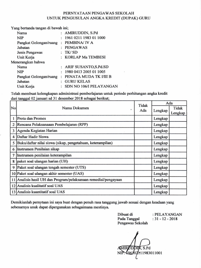 DUPAK Guru: Pernyataan Pengawas Sekolah | PDF