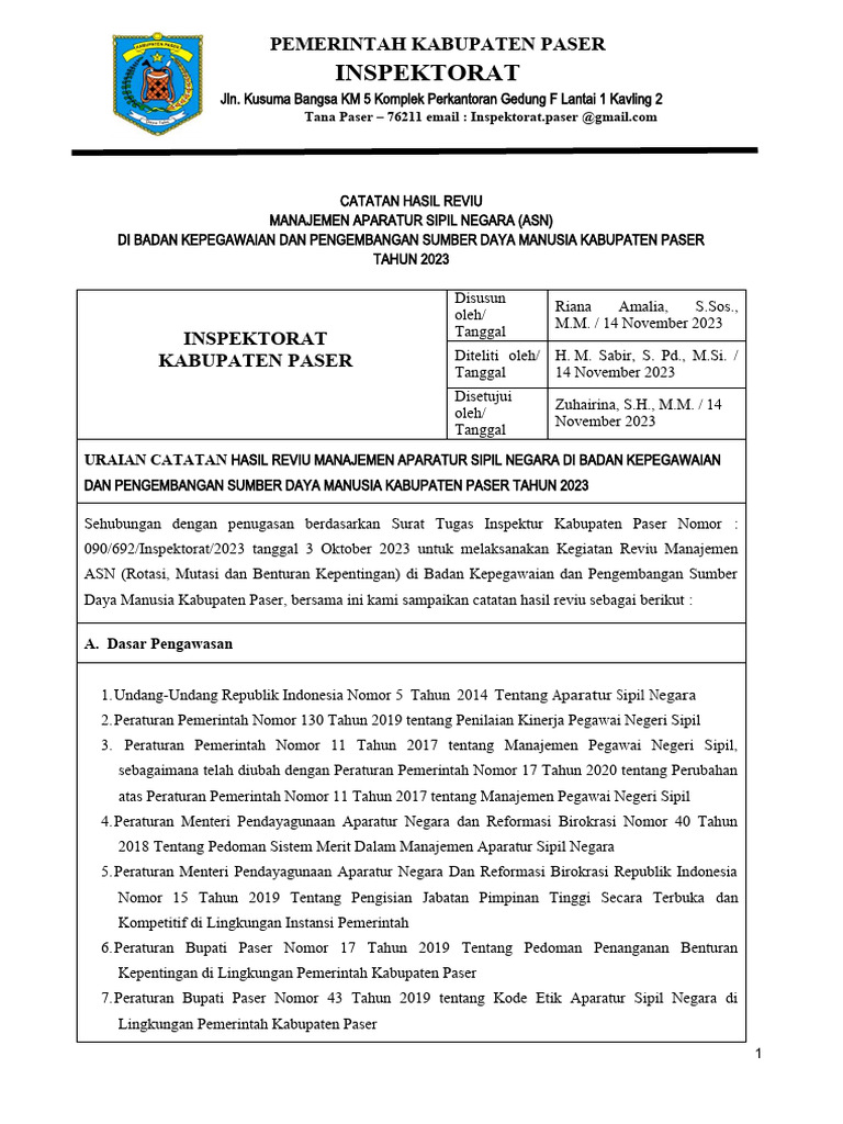 CHR Reviu Manajemen Asn 2023 Area Apip | PDF