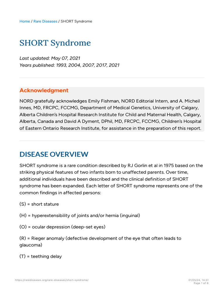 SHORT Syndrome - Symptoms, Causes, Treatment - NORD | PDF | Genetic ...