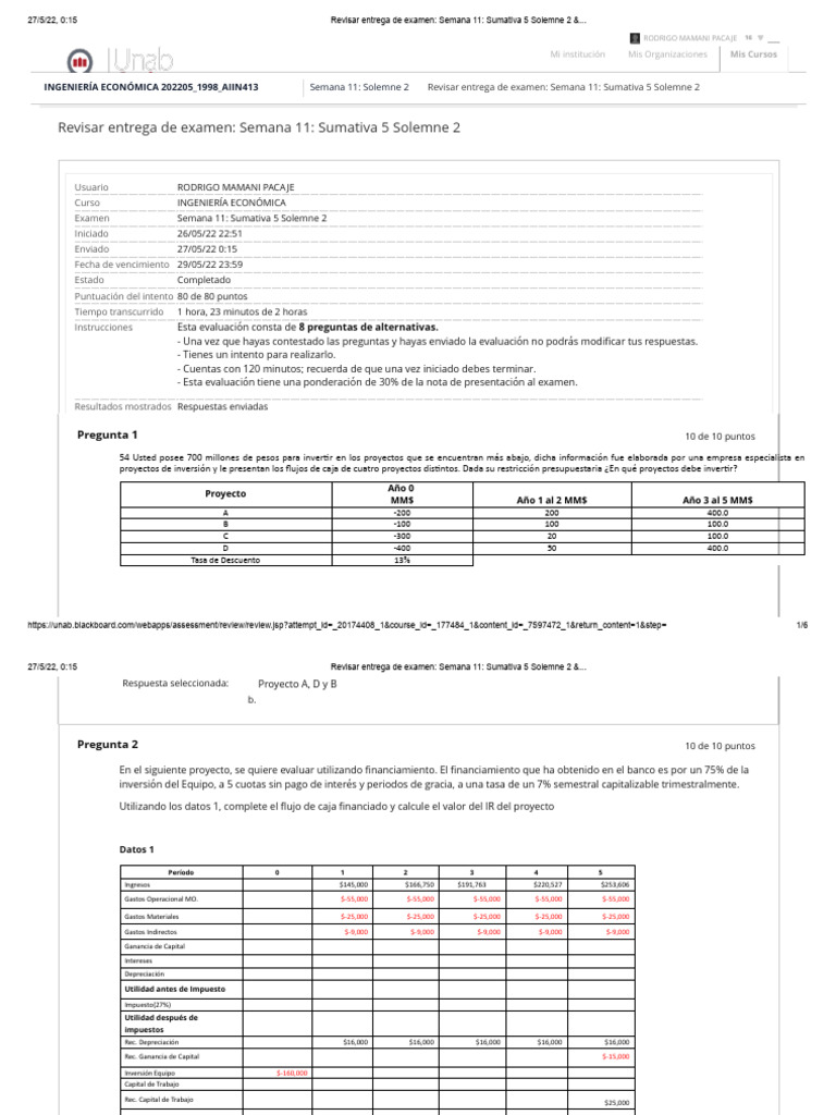 Revisar Entrega de Examen - Semana 11 - Sumativa 5 Solemne 2 - .. | PDF | Flujo de efectivo ...