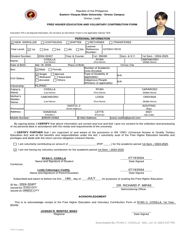Free Education Form For 2024 32407 SEM 1 SY 2024 2025 22 | PDF