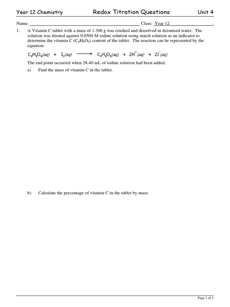 Redox Titration Questions | PDF | Titration | Chemistry