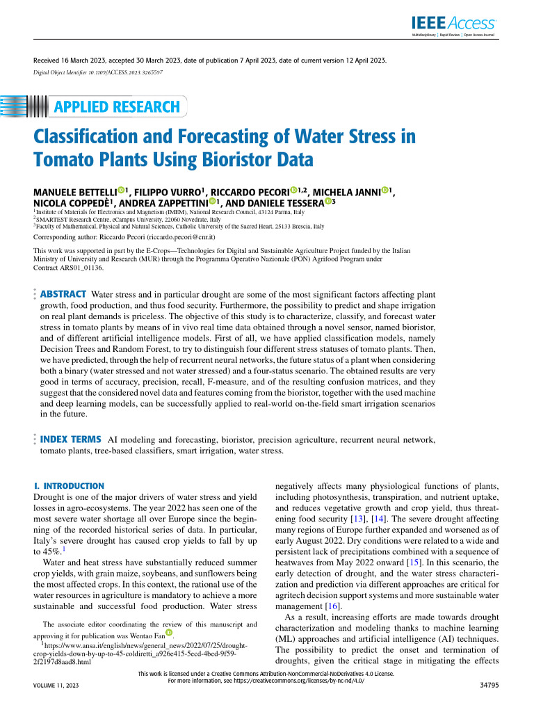 Classification and Forecasting of Water Stress in Tomato Plants Using Bioristor Data | PDF ...