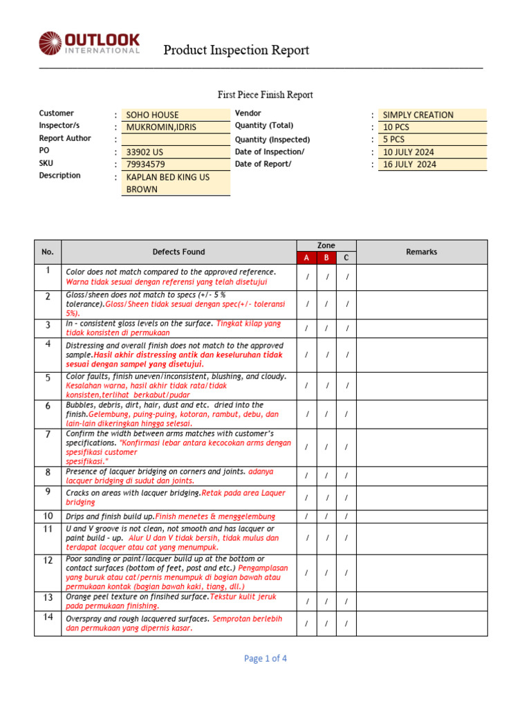First Piece Finish Report | PDF