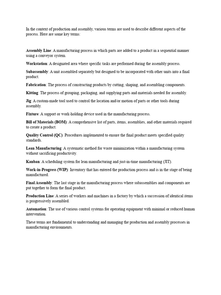 Key Terms in Production Assembly | PDF