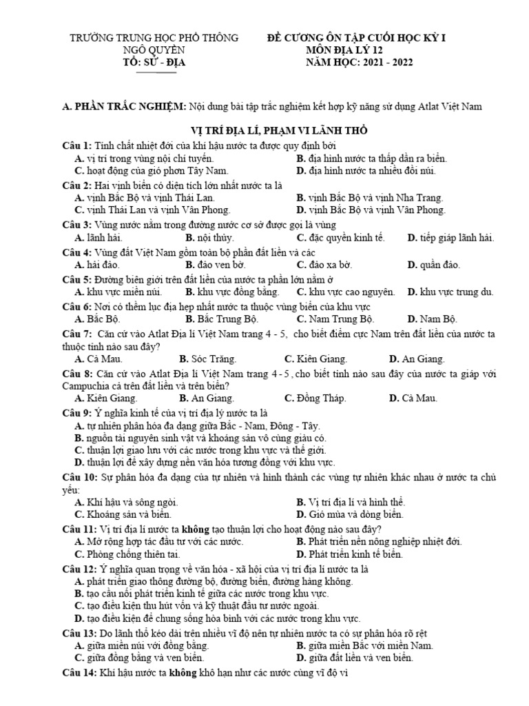 De Cuong On Tap Cuoi Ky I Mon Dia Ly Lop 12 | PDF