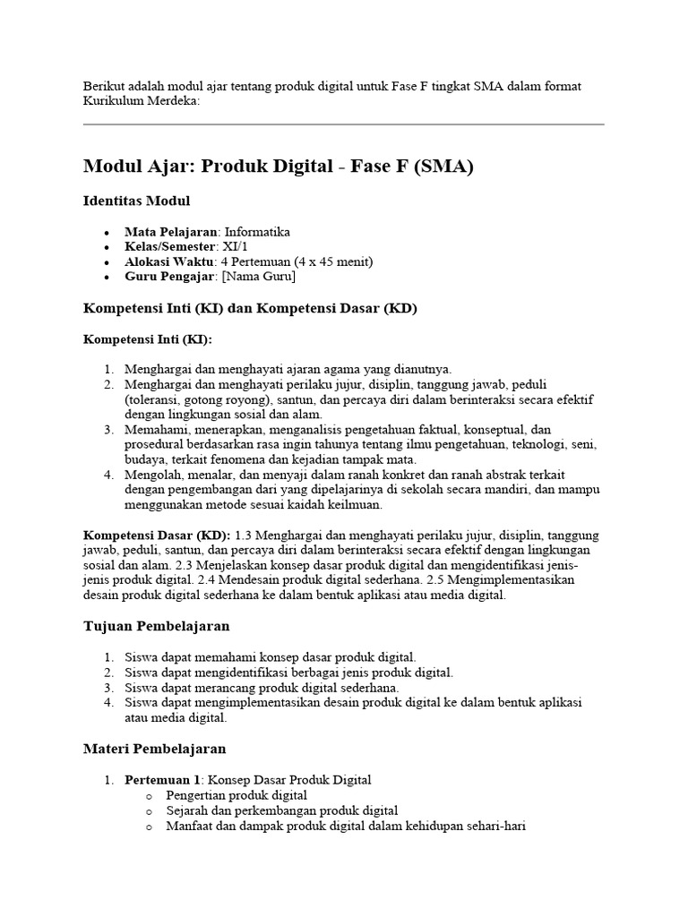 Berikut Adalah Modul Ajar Tentang Produk Digital Untuk Fase F Tingkat ...