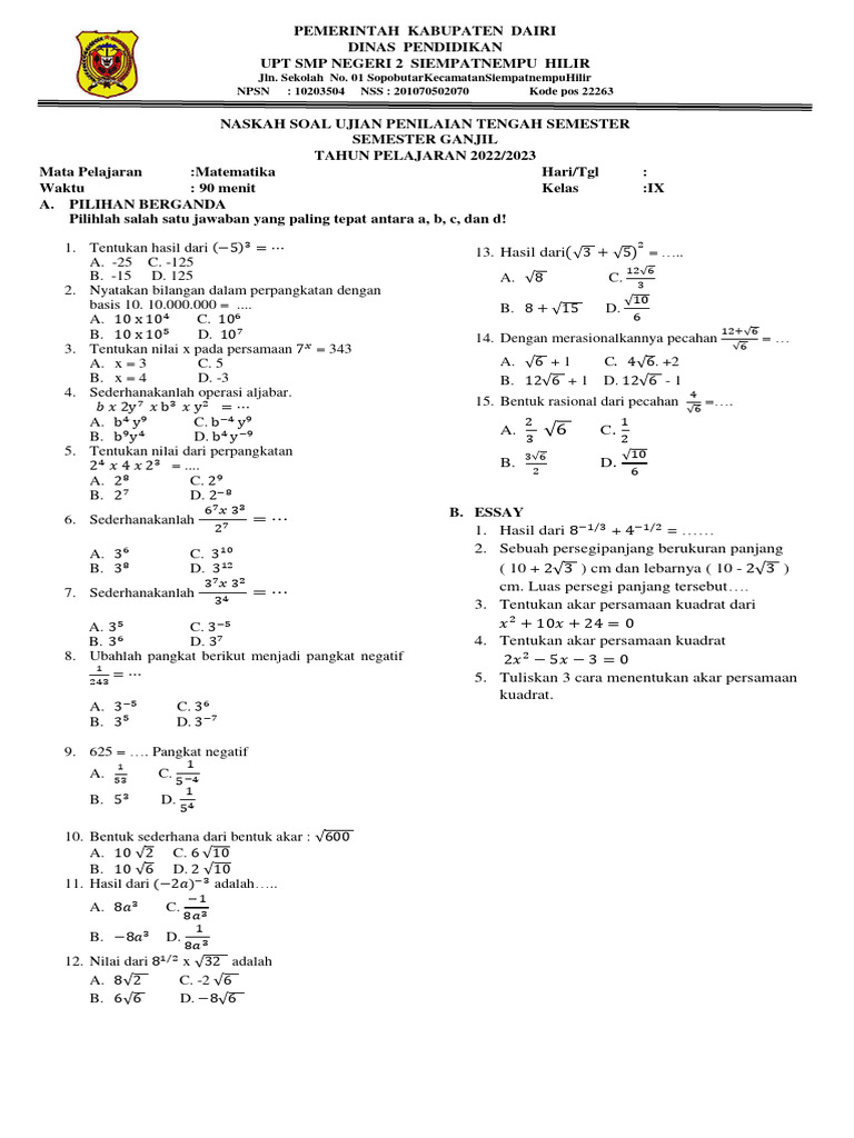 Soal Uts Matematika Kelas Ix | PDF