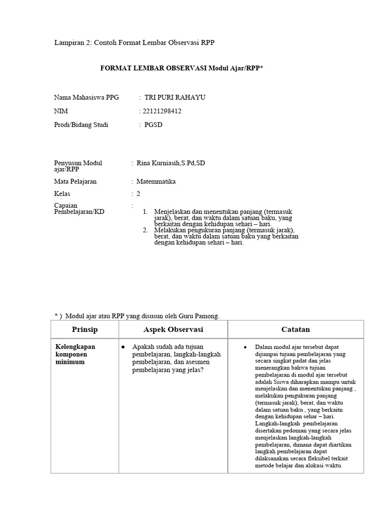 Lampiran 2 - Contoh Format Lembar Observasi RPP | PDF Lampiran 2 - Contoh Format Lembar Observasi RPP | PDF