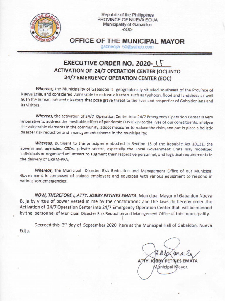 EO 15 2020 Activation of 24 7 Operation Center Into 24 7 Emergency Operation Center | PDF