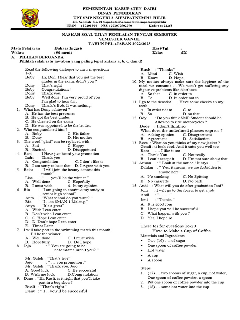 Soal Uts B. Inggris Kelas Ix | PDF | Teaspoon | Spoon