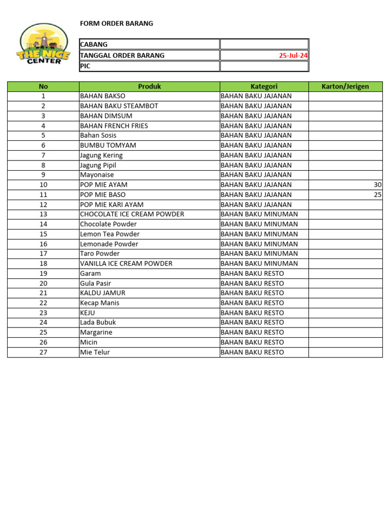 Form Order Barang TNPB 10 Juni 2024 | PDF | Memasak, Makanan, & Anggur