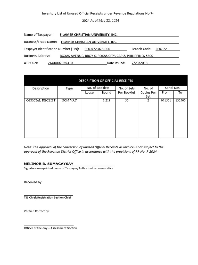 Inventory List of Unused Official Receipts Under Revenue Regulations No ...