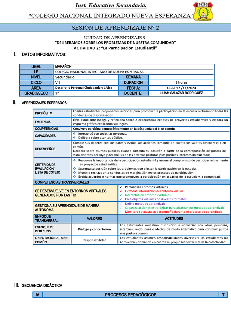 3º DPCC- SES 2 UNI 7 - SEM 02 | Descargar gratis PDF | Escuelas | Aprendizaje