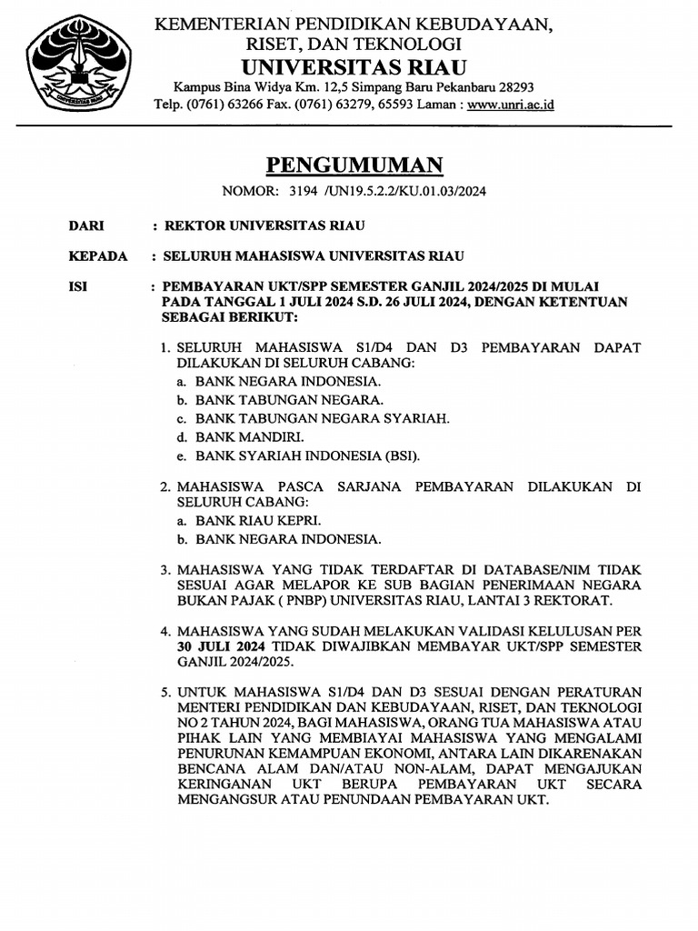 Pengumuman Pembayaran Ukt - SPP Ganjil 2024 2025 | PDF