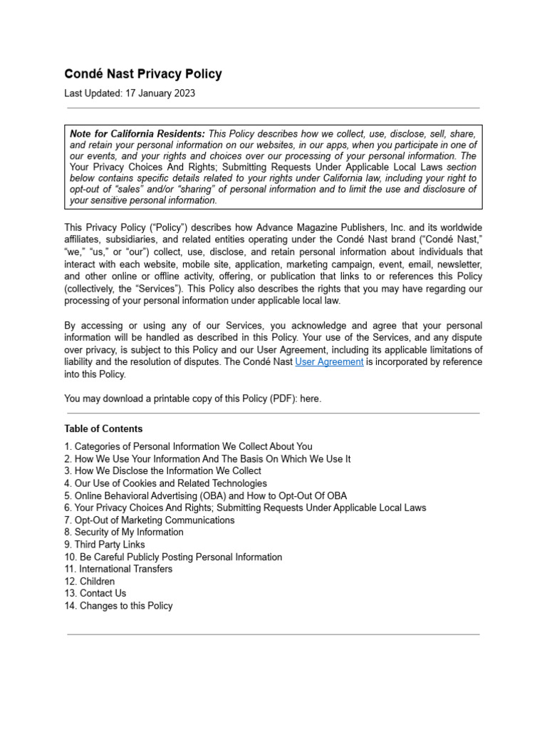 Final Conde Nast - PRIVACY POLICY CLEAN 16 Jan 2023.docx 1 Redacted ...