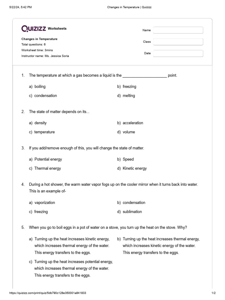 Changes in Temperature - Quizizz | PDF | Water | Temperature