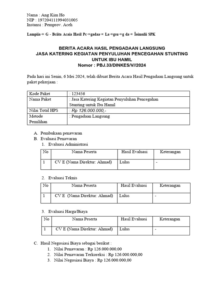 Ang Kim Ho - Lampiran 06 - Dokumen Berita Acara Pengadaan Langsung Dan ...