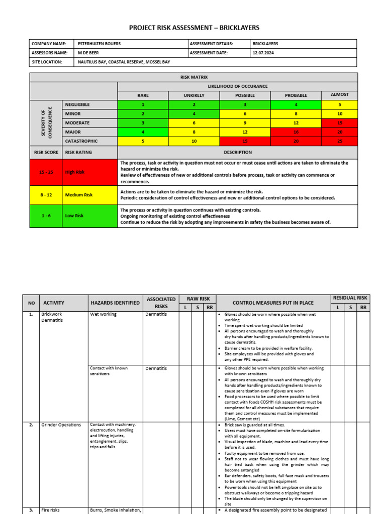 Risk Assessment - Bricklayers HIRA | PDF | Personal Protective ...