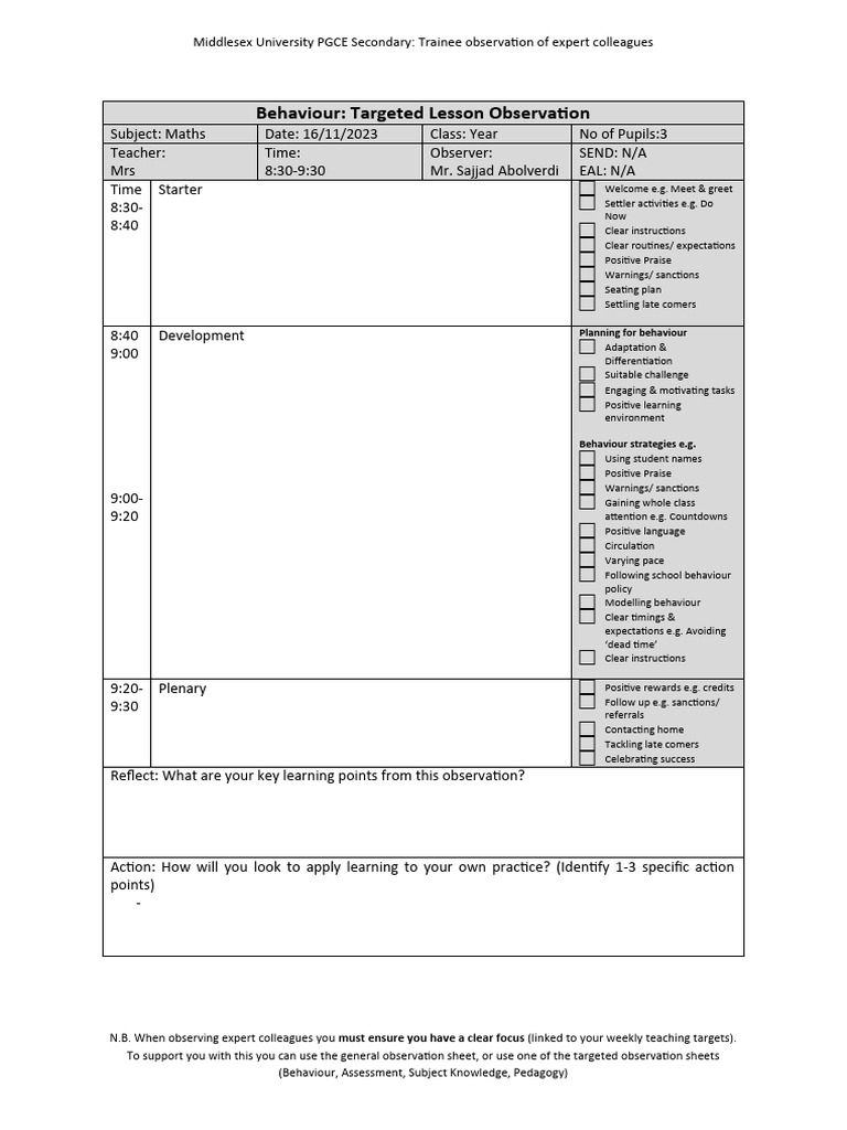 Sample - Behaviour Observation | Download Free PDF | Pedagogy | Learning