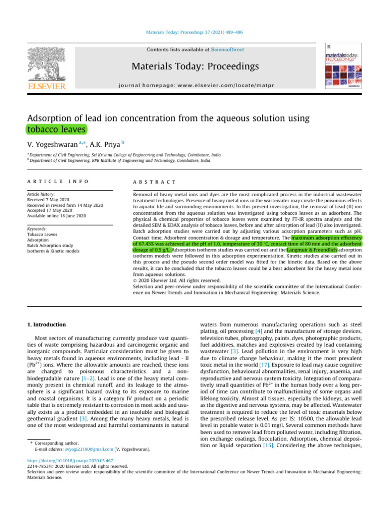 Adsorption of Lead Ion Concentration From The Aqueous Solution Using ...