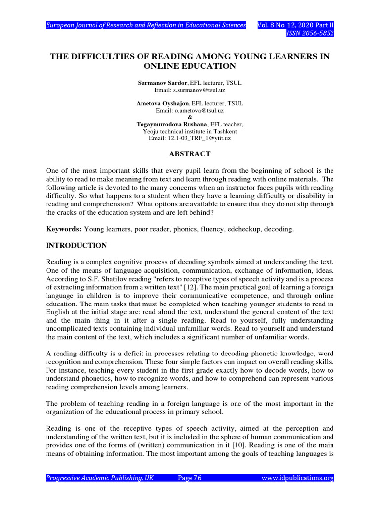 Full Paper THE DIFFICULTIES OF READING AMONG YOUNG LEARNERS IN ONLINE EDUCATION | PDF | Phonics ...
