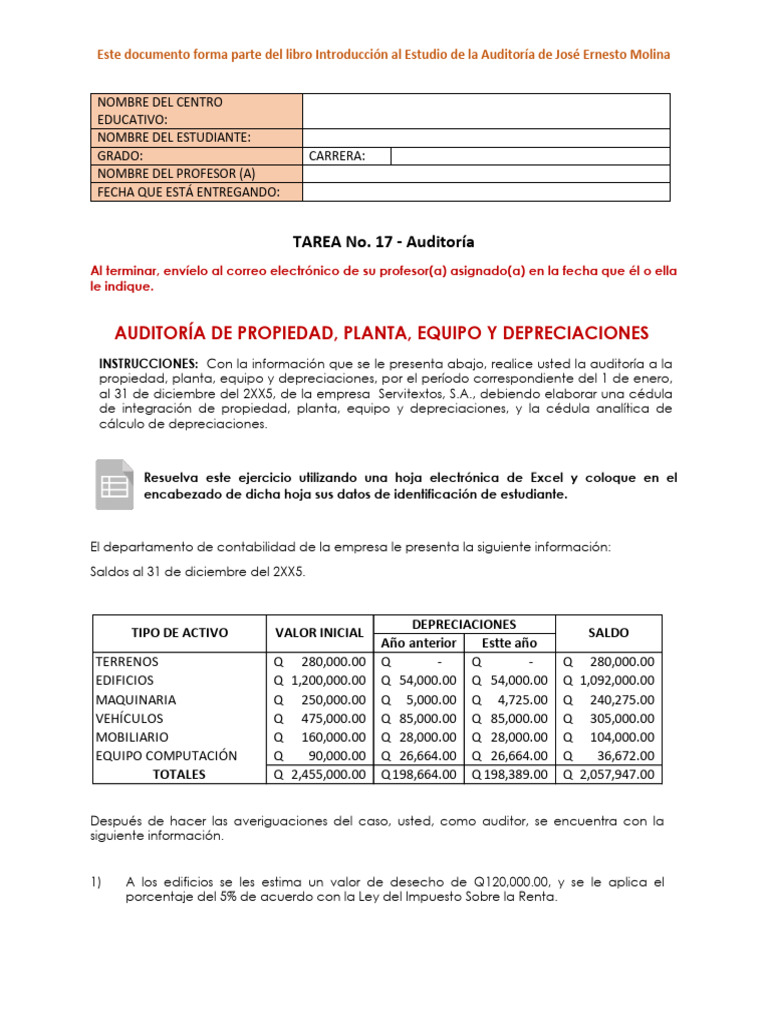 Tarea 17 Auditoria | PDF | Depreciación | Contabilidad