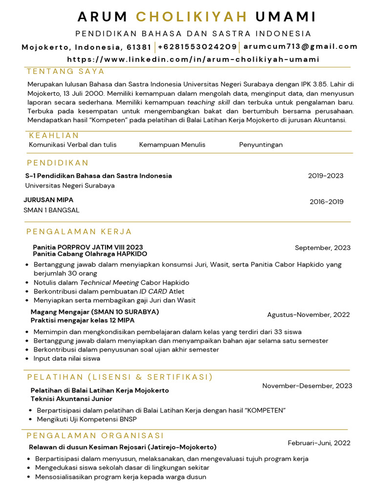 CV Arum Cholikiyah Umami-1 | PDF | Karier & Perkembangan